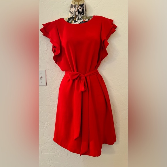 LOFT | Dresses | Loft Xs Red Dress With Flutter Sleeves And Tied Waist ...